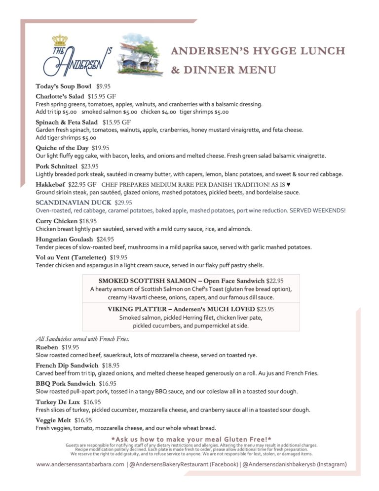 Andersen's Menus - Andersen’s Danish Bakery & Restaurant