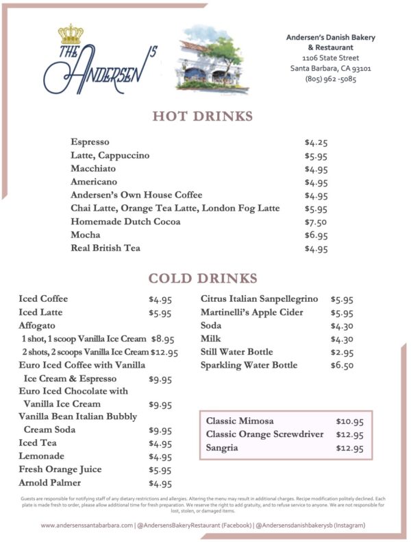 Andersen's Menus - Andersen’s Danish Bakery & Restaurant